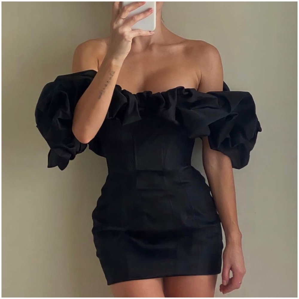 House Of Cb Selena Satin Puff Off-Shoulder Dress - Bl… - Gem